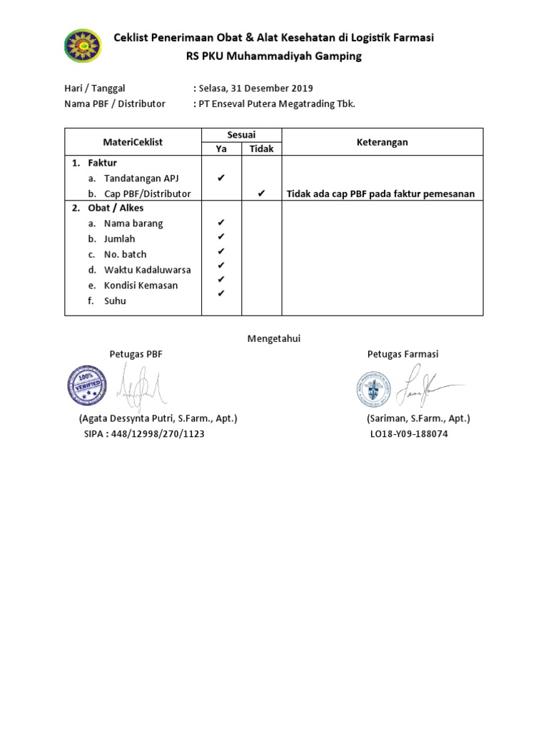 Ceklist Penerimaan Obat & Alkes | PDF