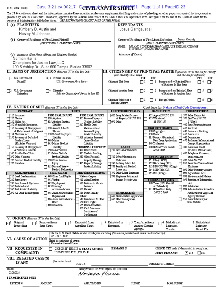 Civil Cover Sheet | PDF | Tort | Diversity Jurisdiction