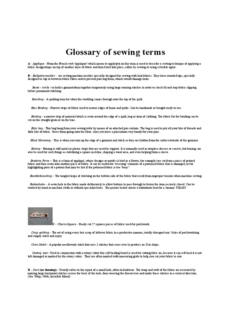 Sewing Terms Glossary A-Z | PDF | Seam (Sewing) | Sewing