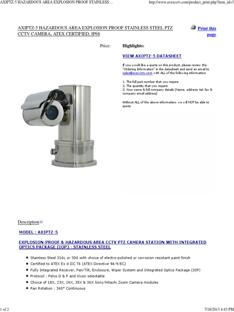 Axiptz-5 Hazardous Area Explosion Proof Stainless Steel PTZ CCTV Camera, Atex Certified, Ip68 ...