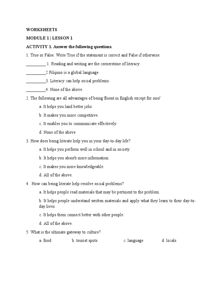 Worksheets Module 1 - Lesson 1 ACTIVITY 1. Answer The Following ...