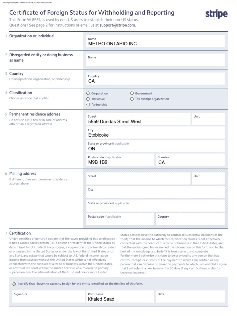 Certificate of Foreign Status For Withholding and Reporting: Metro ...