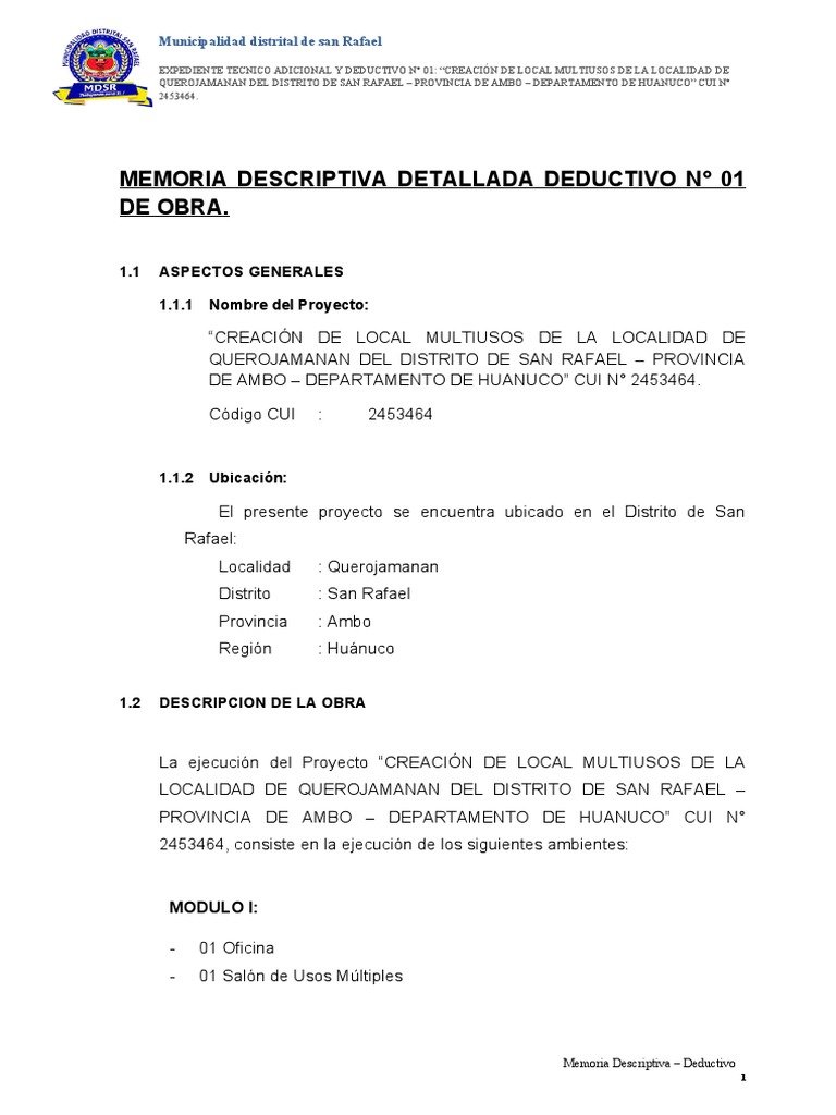 Memoria Descriptiva Detallada Deductivo de Obra | PDF | edificio | Ingeniería de Edificación