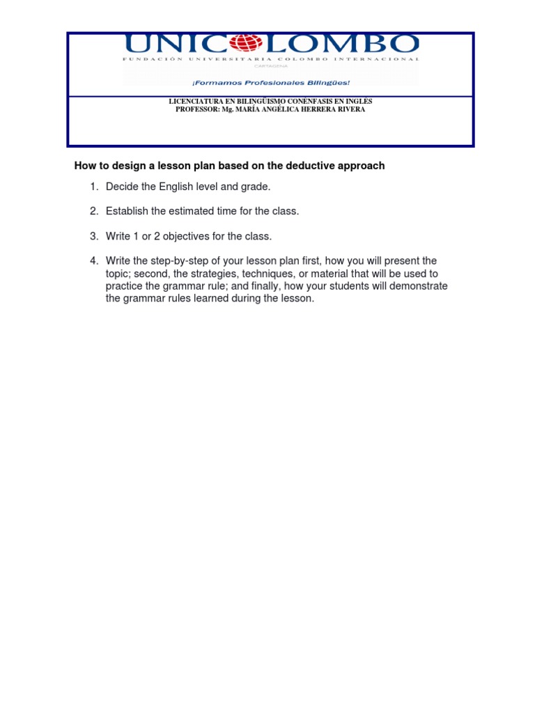 How To Design A Lesson Plan Based On The Deductive Approach | PDF