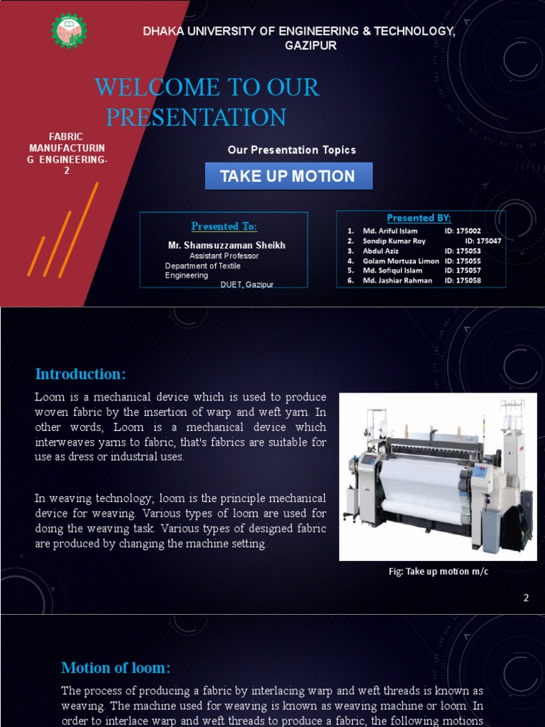 Take Up Mechanism | PDF | Weaving | Loom