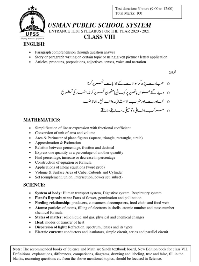 Usman Public School System: Class Viii | PDF | Area | Numbers