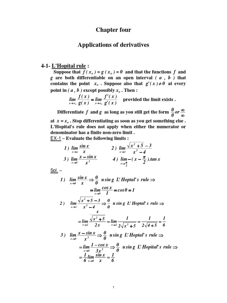 Chapter Four Applications of Derivatives: 4-1-L'Hopital Rule | PDF ...