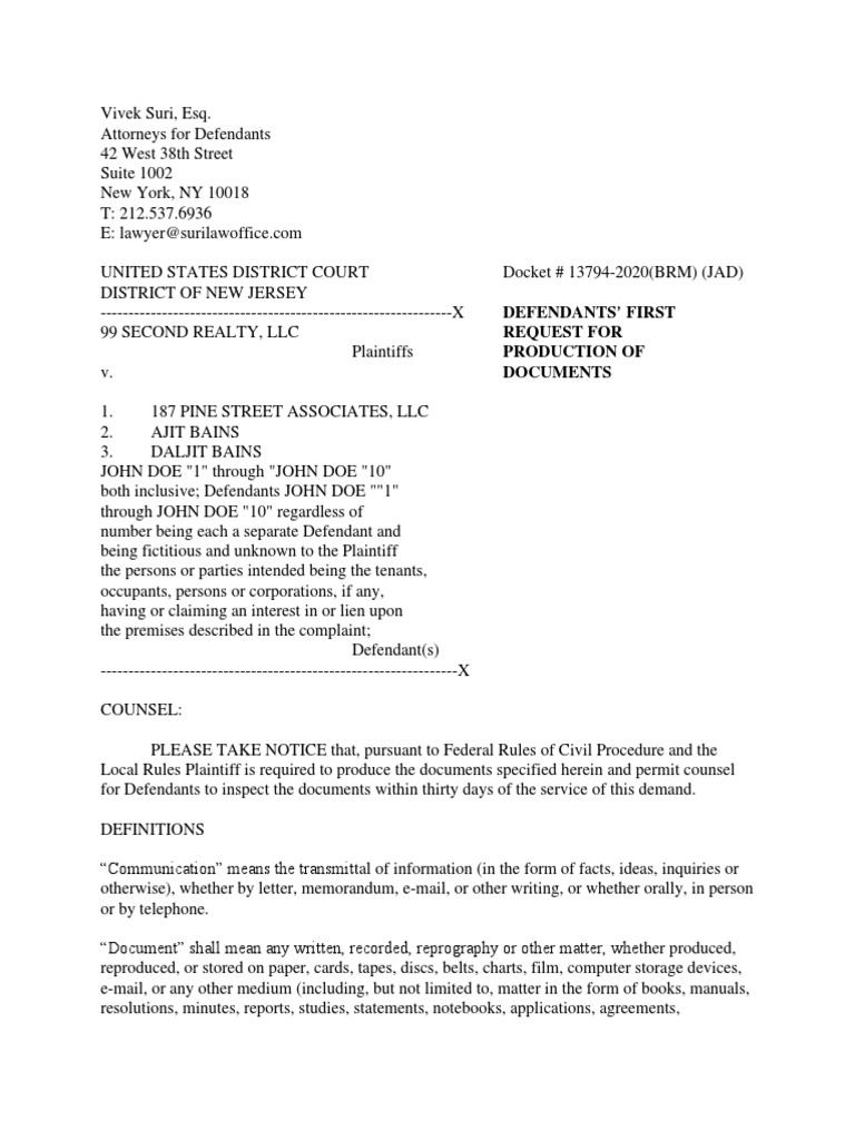 Request For Production of Documents in Discovery | PDF | Discovery (Law ...