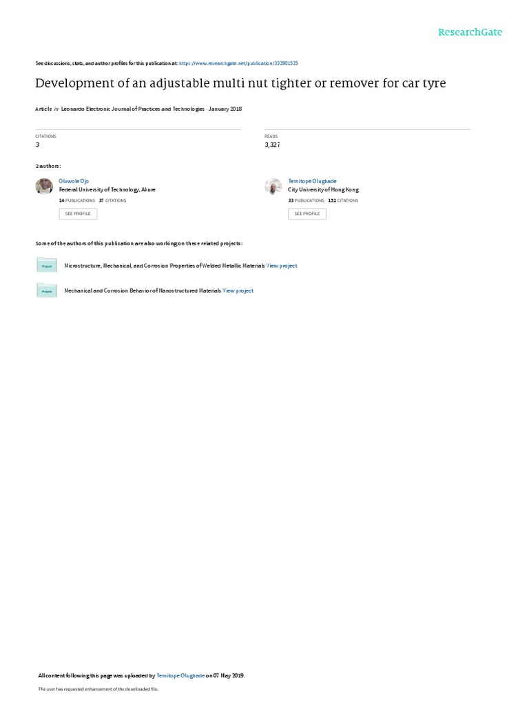 Development of An Adjustable Multi Nut Tighter or Remover For Car Tyre ...