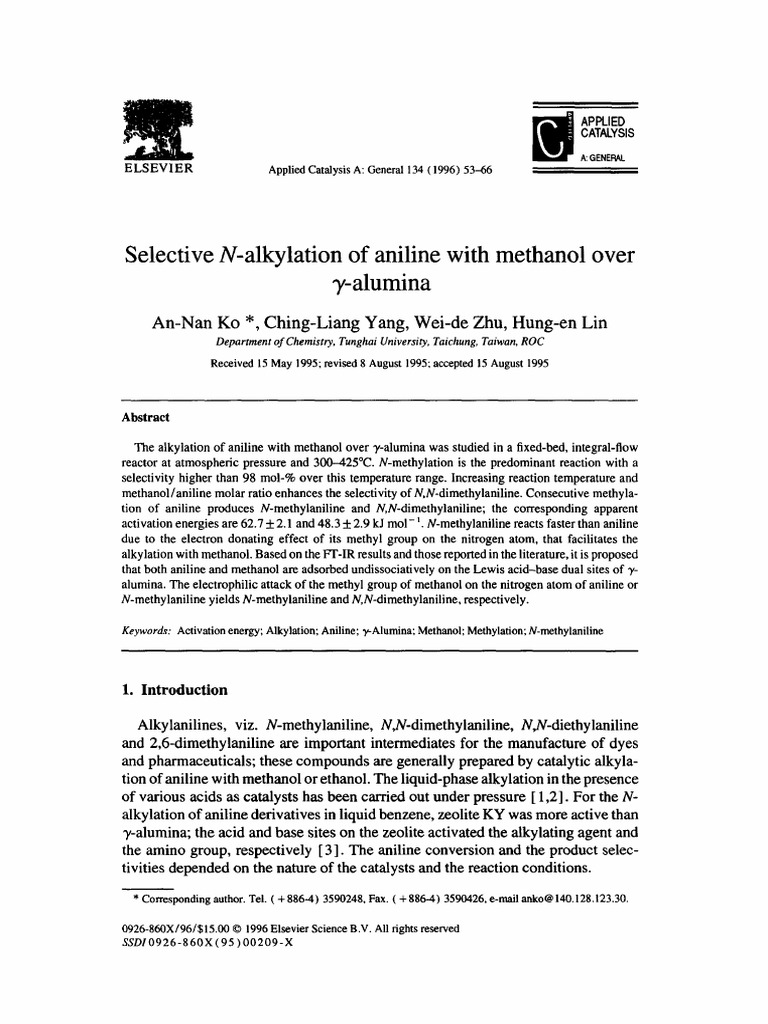 Selective N-Alkylation of Aniline With Methanol Over ,/-Alumina | PDF | Catalysis | Adsorption