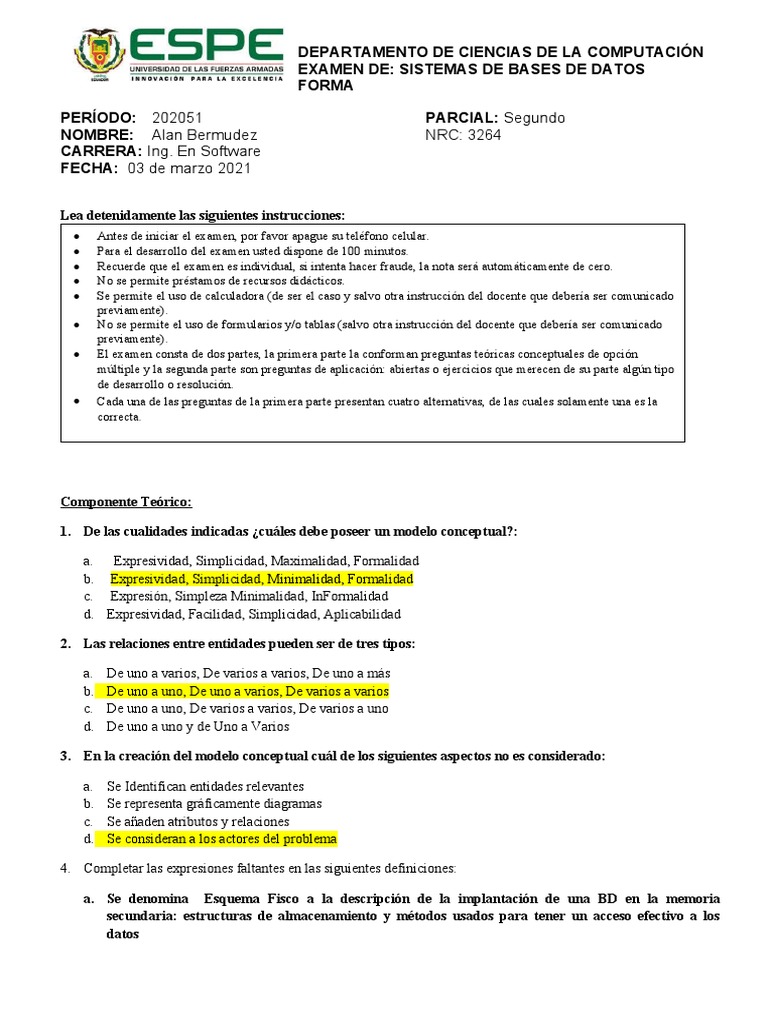 Examen Segundo PARCIAL SISTEMAS DE BASES DE DATOS - Alan Bermudez | PDF | Lenguaje de modelado ...