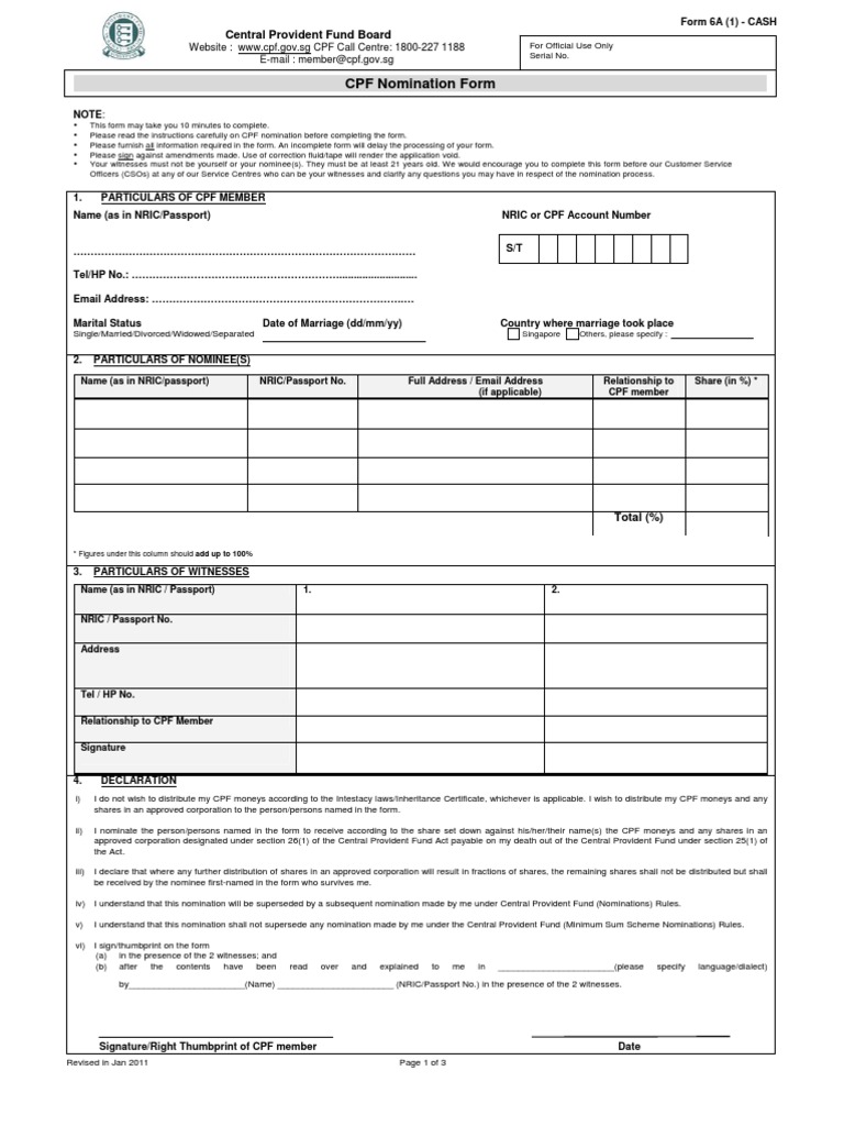 CPF Nomination Form: Central Provident Fund Board | PDF | Intestacy ...