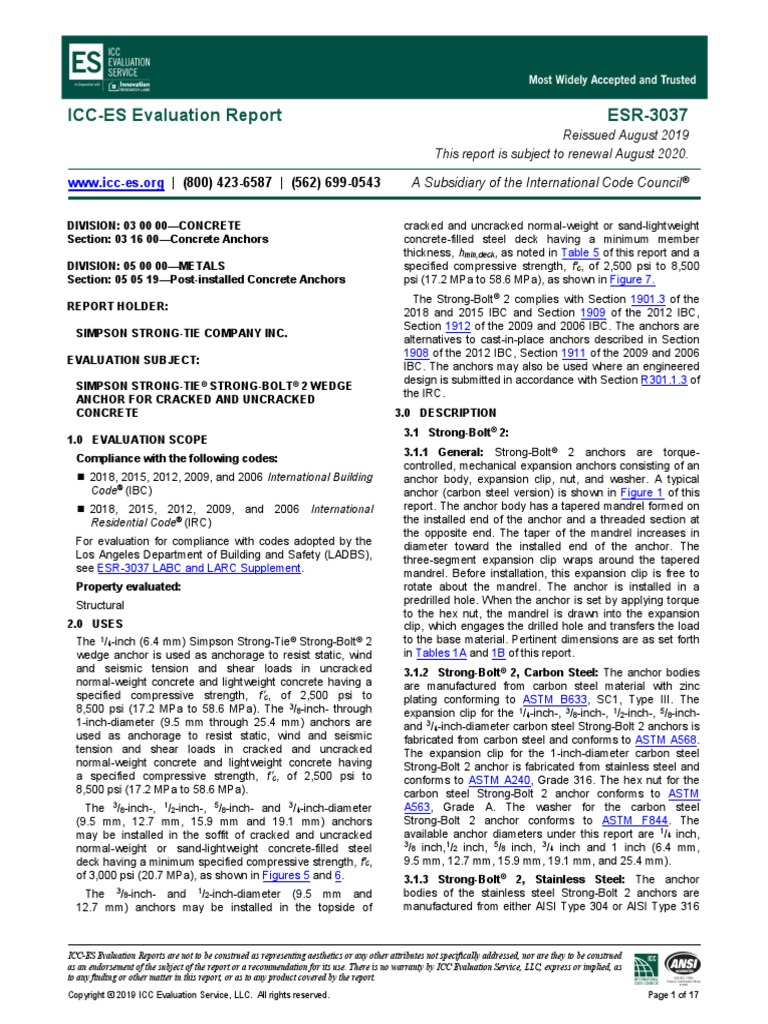 ESR-3037 Simpson Strong-Bolt | PDF | Strength Of Materials | Concrete