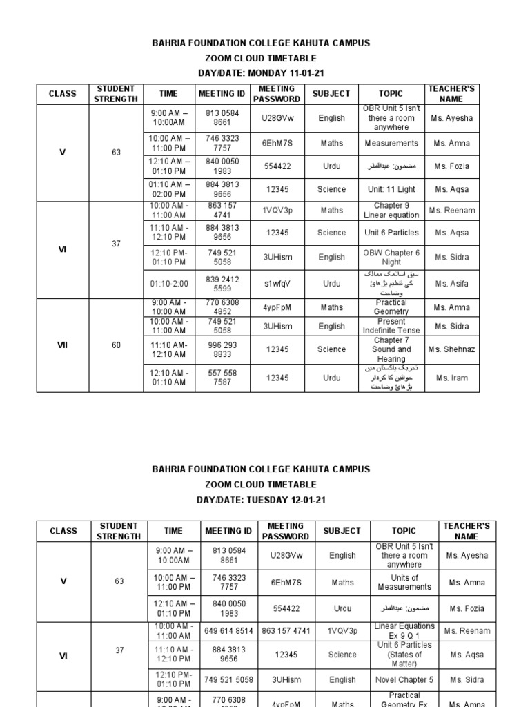 Zoom Timetable BFC Kahuta | PDF | Science | Teaching Mathematics
