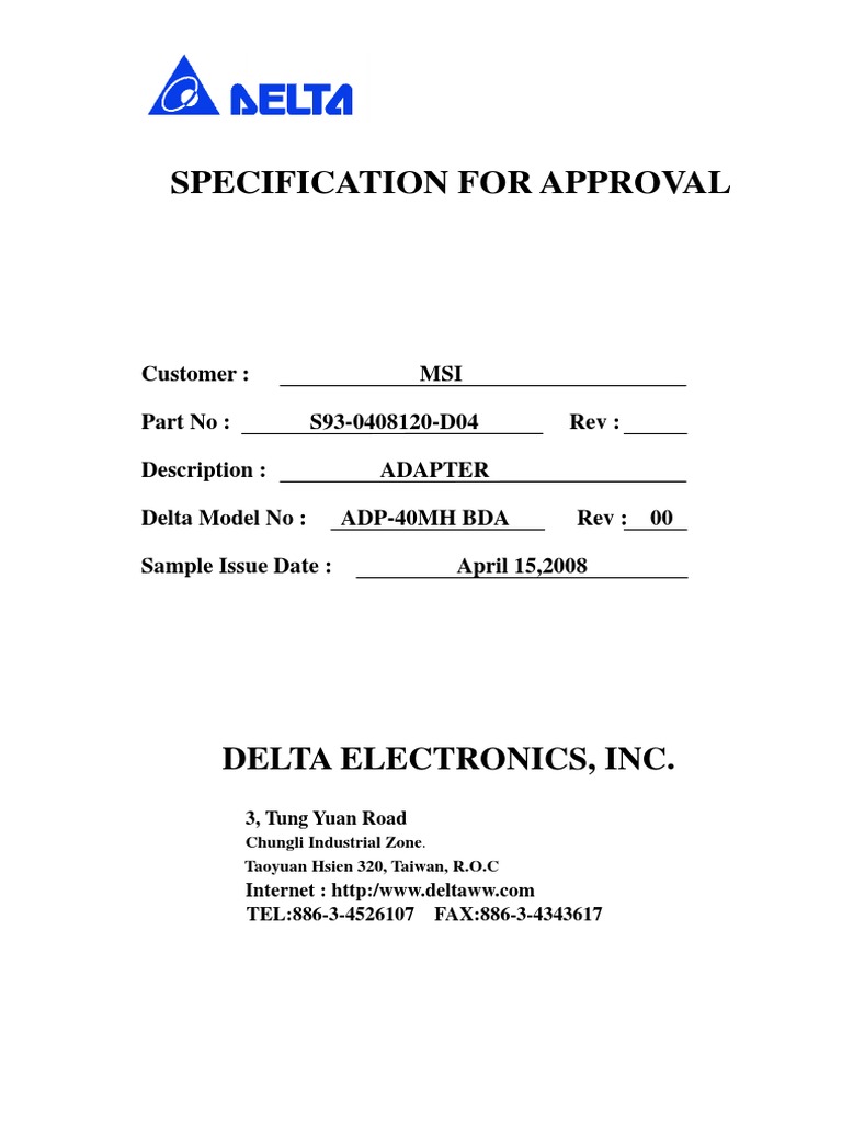 Delta ADP-40MH BDA-Approval Sheet | PDF | Electrostatic Discharge | Capacitor