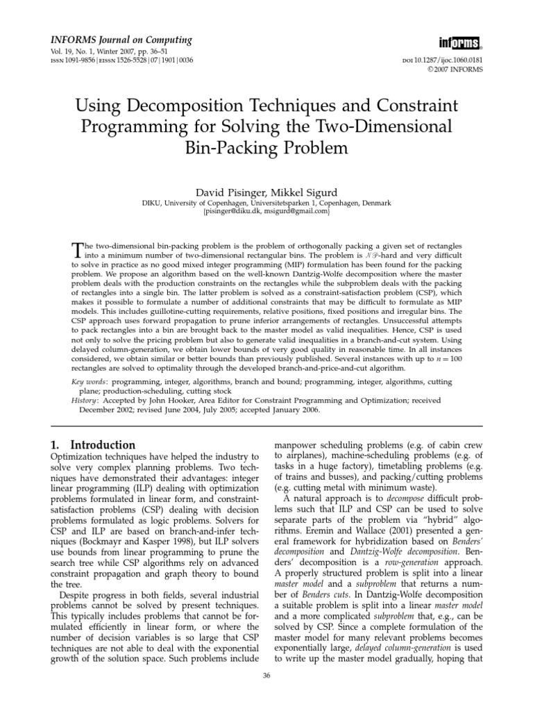 Pisinger, D., & Sigurd, M. (2007) - Using Decomposition Techniques and Constraint Programming ...