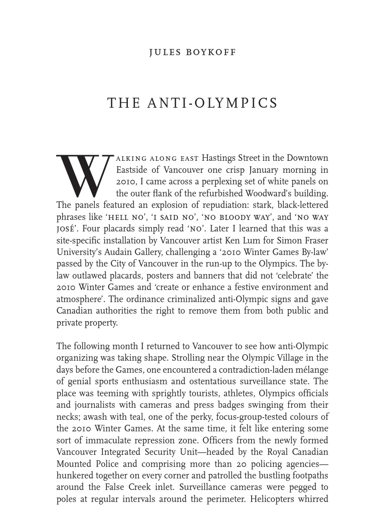 The Anti-Olympics: Jules Boykoff | PDF | Olympic Games | Public Sphere