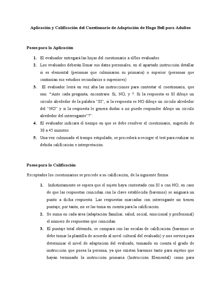 Pasos para La Aplicación y Calificación - Cuestionario Hugo Bell | PDF