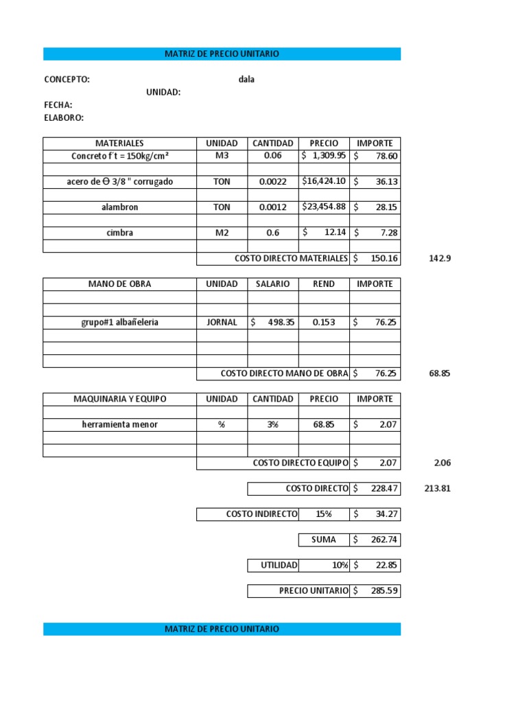 Matriz de Precio Unitario | PDF | Ingeniería estructural | Ingeniería de Edificación