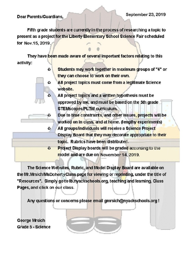 Letter To Parents Re Science Fair Projects | PDF