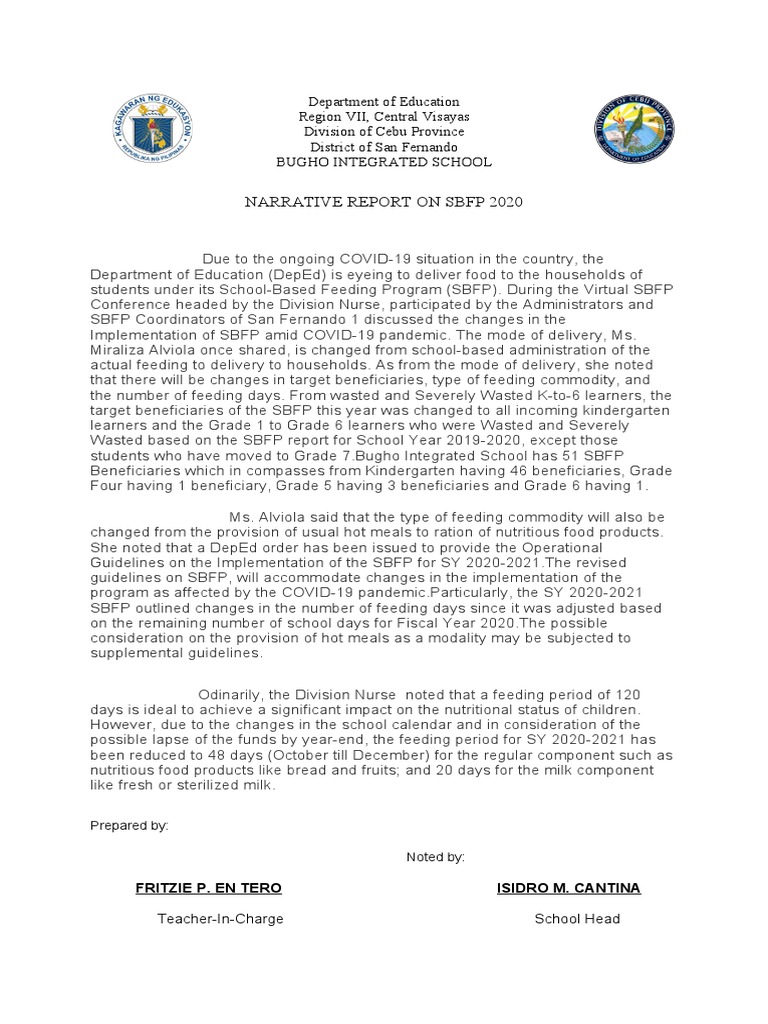 Narrative Reporton SBFP 2020 | PDF | Foods