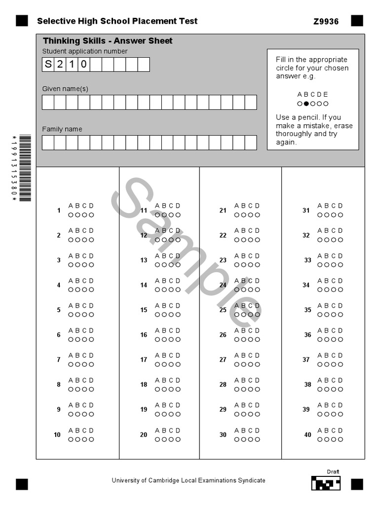 Sample: Selective High School Placement Test Z9936 Thinking Skills ...