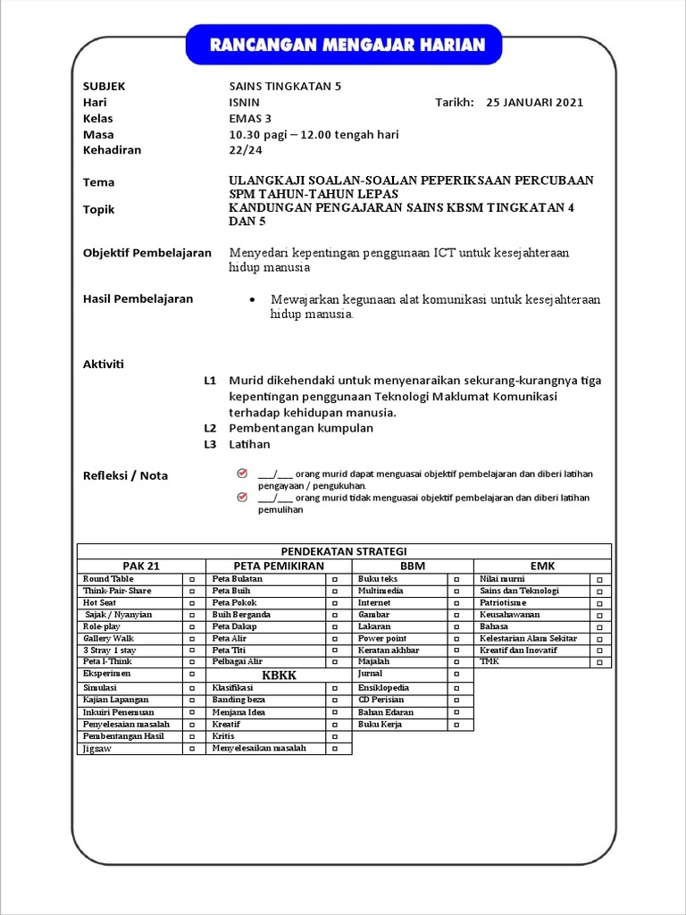 RPH Sains f5 8 4 Kepentingan Penggunaan Ict | PDF