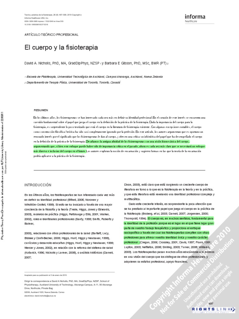 The Body and Physiotherapy Subrayada | PDF | Terapia física | Conocimiento