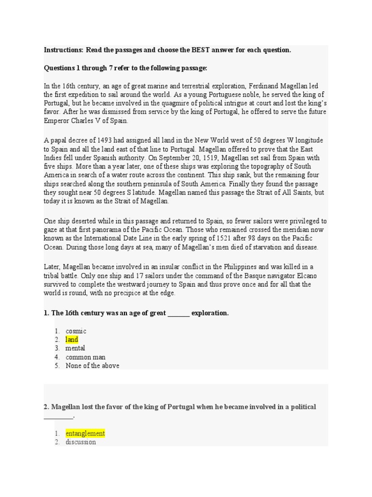 Instructions: Read The Passages and Choose The BEST Answer For Each ...