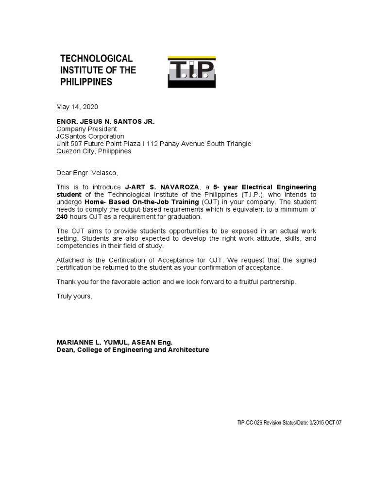 LETTER OF ENDORSEMENT Ojt Sample | PDF