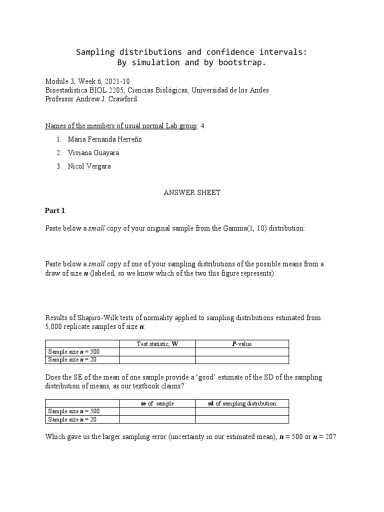 AnswerSheet SamplingDistrib | PDF | Bootstrapping (Statistics ...