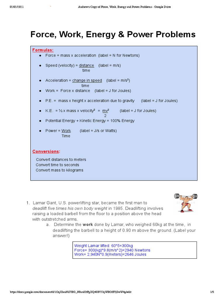 Force, Work, Energy & Power Problems: Formulas | PDF | Weight | Force