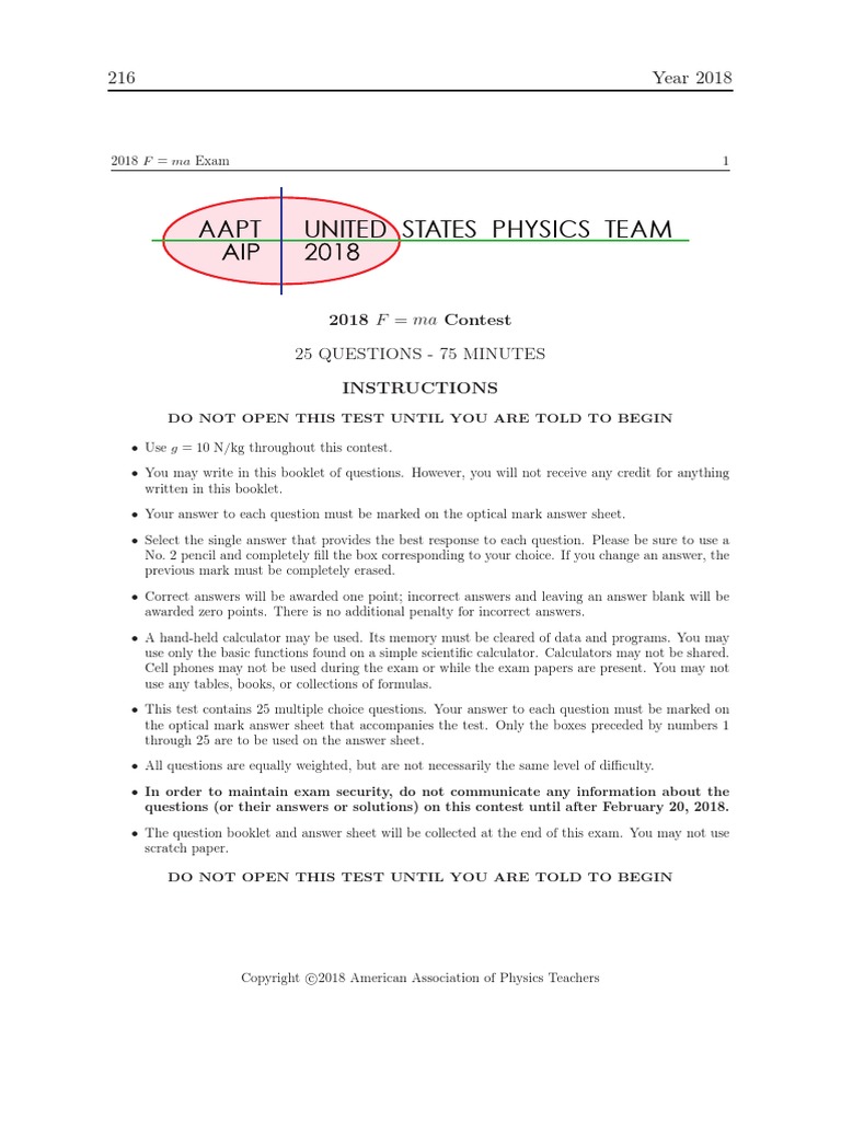 Aapt United States Physics Team: 216 Year 2018 | PDF | Collision | Force