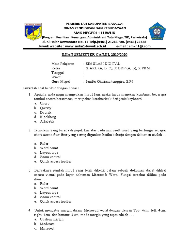 Soal Pas Simdig X SMT Ganjil 2019 | PDF