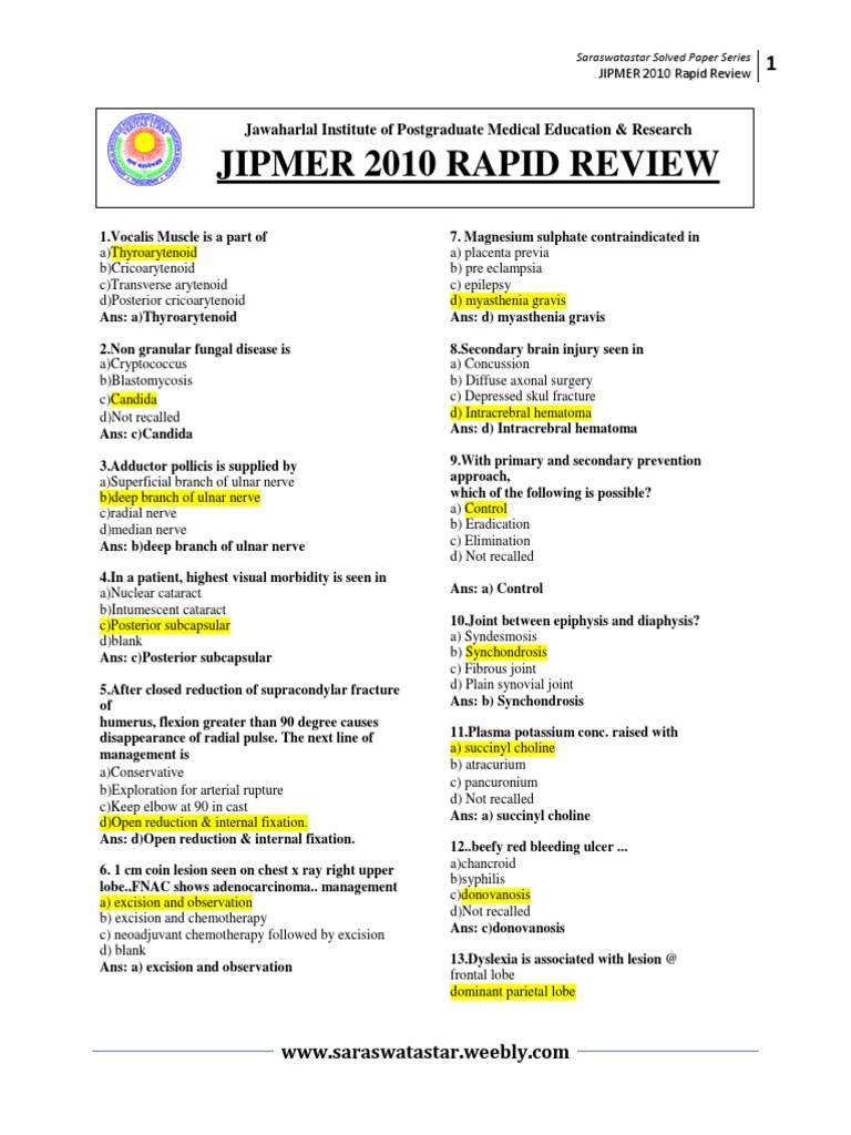 JIPMER 2010 Solved Medical Questions | PDF | Cancer | Diseases And ...