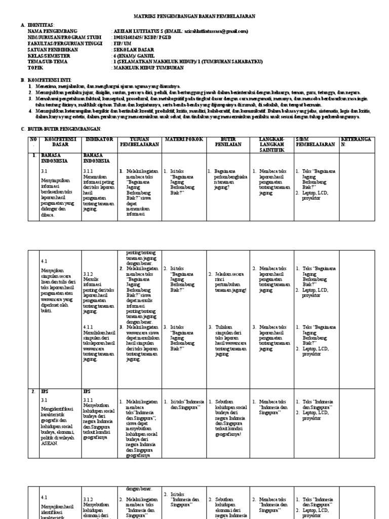Kel. 6 Matriks Pengembangan Bahan Pembelajaran | PDF | Kajian Bahasa Asing