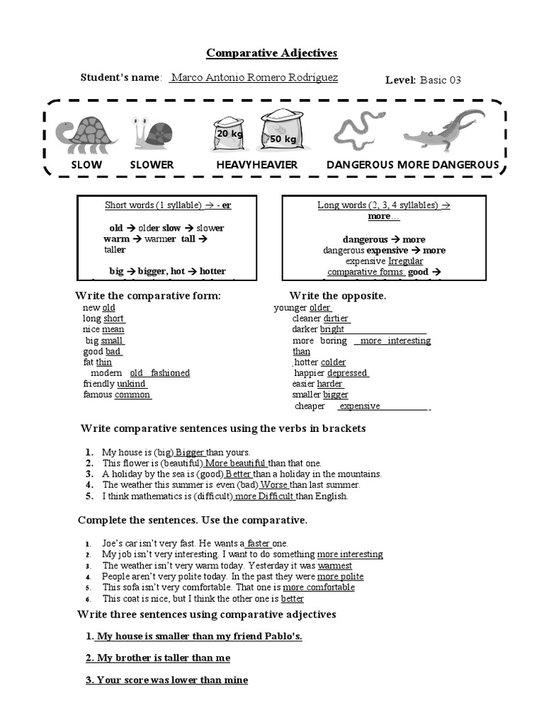 Comparative Adjectives: Slow Slower Heavyheavier Dangerous More ...