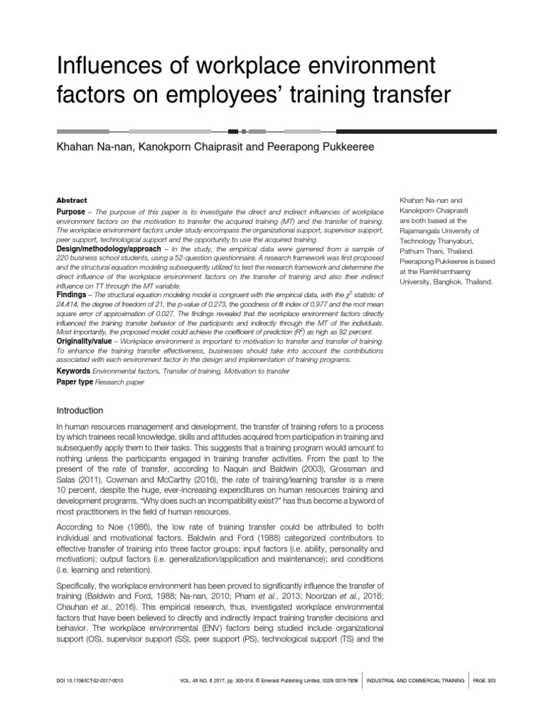 Influences of Workplace Environment Factors On Employees ' Training ...