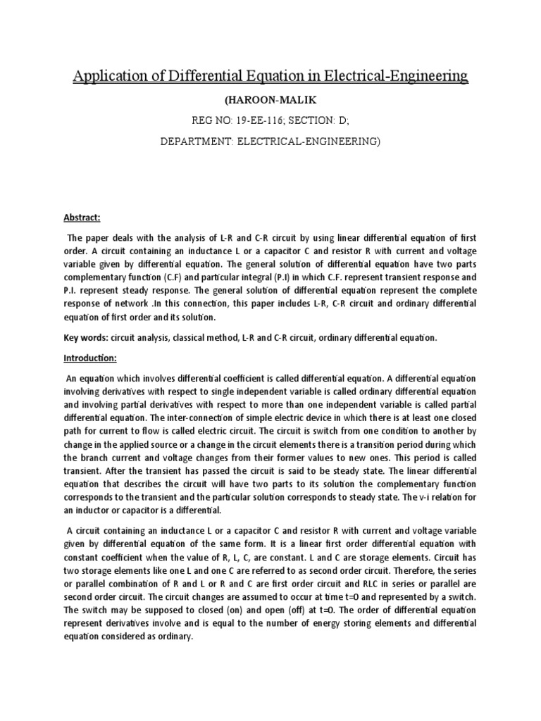 Application of Differential Equation in Electrical | Download Free PDF ...