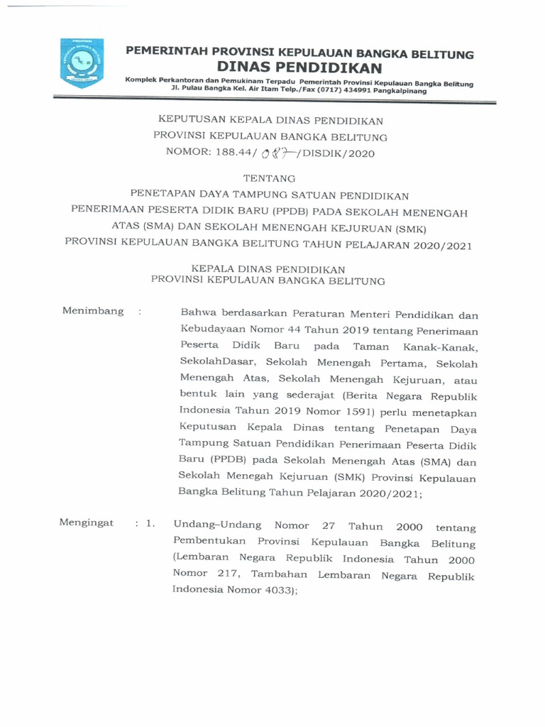 Penetapan Daya Tampung PPDB 2020 | PDF