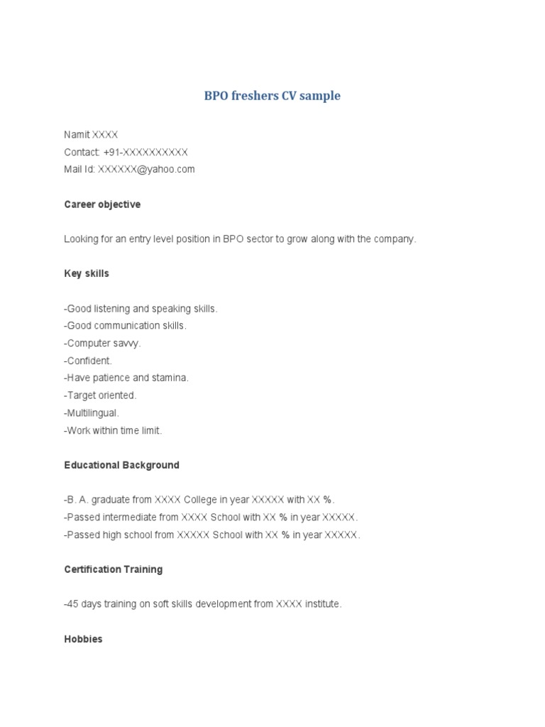 Bpo Freshers CV Sample | PDF | Career & Growth