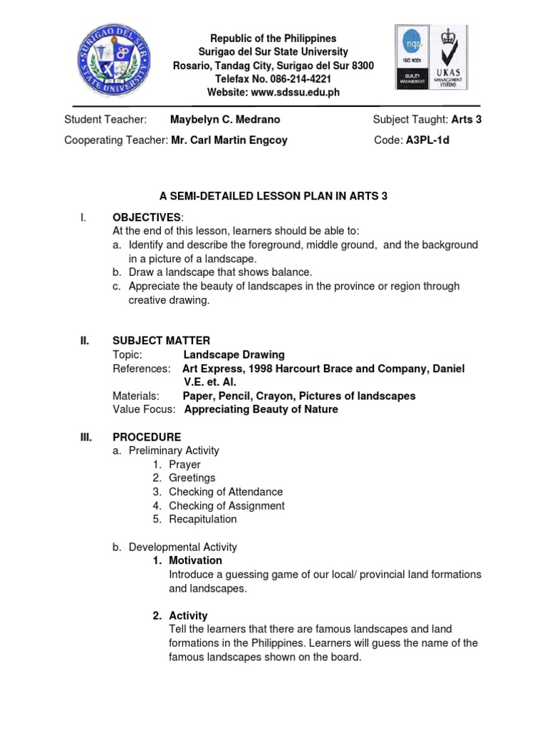 A Semi-Detailed Lesson Plan in Arts 3 Objectives | PDF | Drawing ...