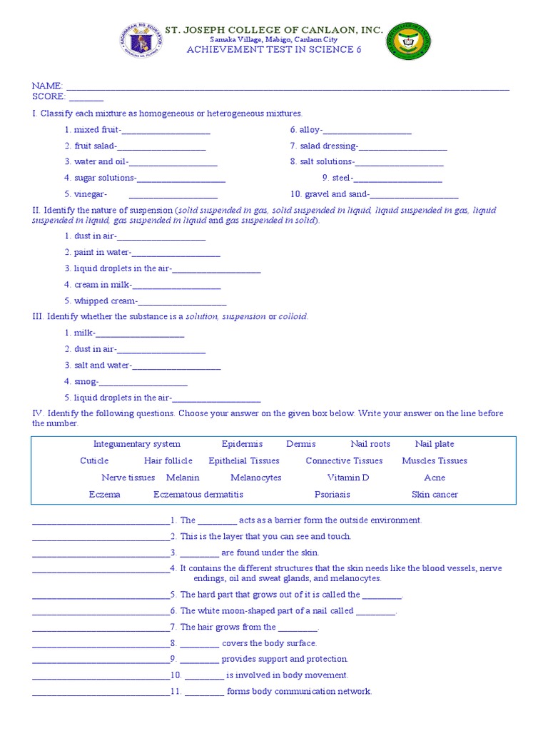 Achievement Test in Science 6: St. Joseph College of Canlaon, Inc | PDF ...