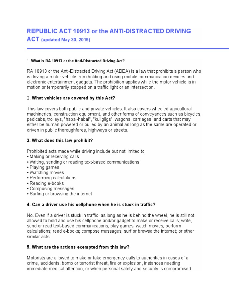 Violations REPUBLIC ACT 10913 or The ANTI-distracted Driving Act ...