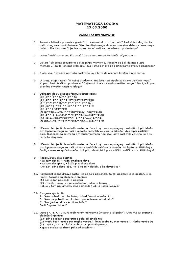MATEMATICKA LOGIKA - Zadaci | PDF