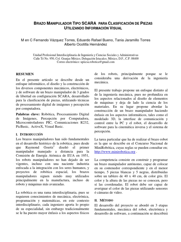 Brazo Robot SCARA Vision Artificial Upiicsa | PDF | Píxel | Áreas de ...