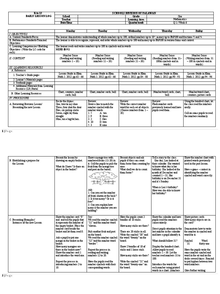 DLL Math Grade1 Quarter1 Week6 | PDF | Symbols | Teaching Mathematics