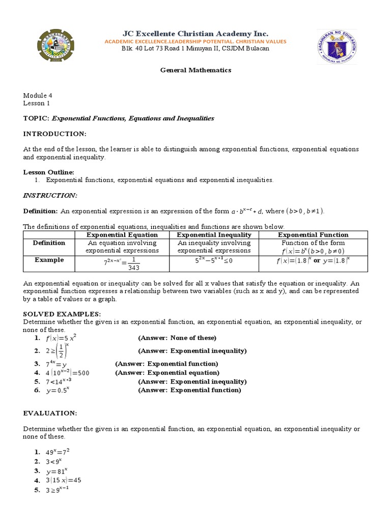JC Excellente Christian Academy Inc.: D, Where (B 0, B 1) | PDF ...