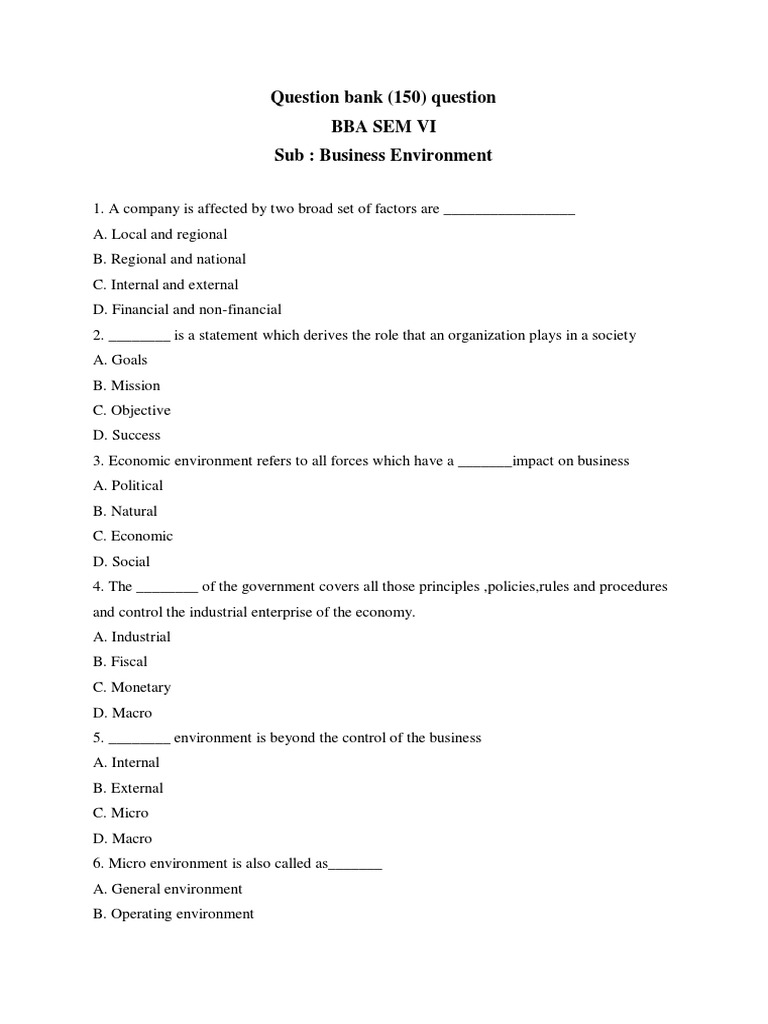 Question Bank (150) Question Bba Sem Vi Sub: Business Environment | PDF ...