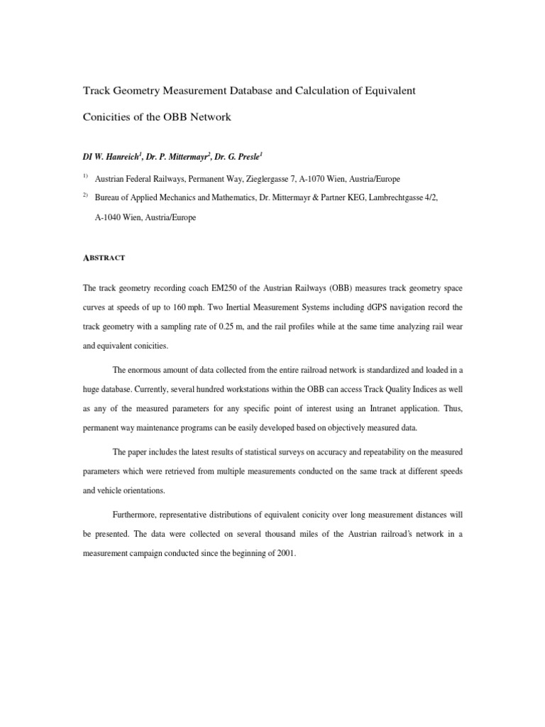 Track Geometry Measurement Database and Calculation of Equivalent ...